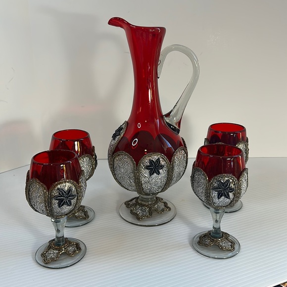 Kitchen | Ruby Red Vintage Caspian Glass Pitcher With 4 Glass Set Metal ...